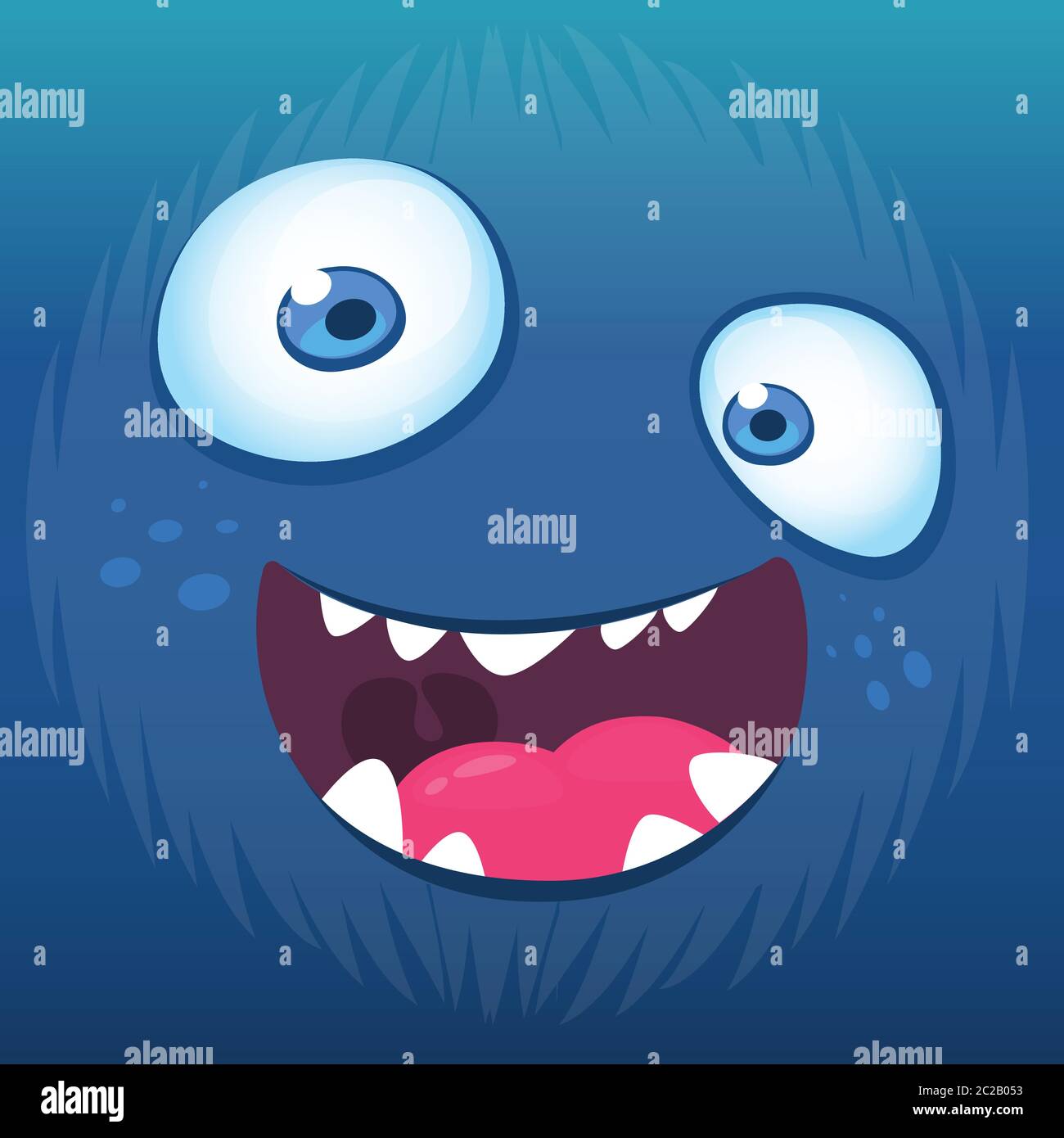 Cartoon monster face. Vector Halloween blue monster avatar with wide ...