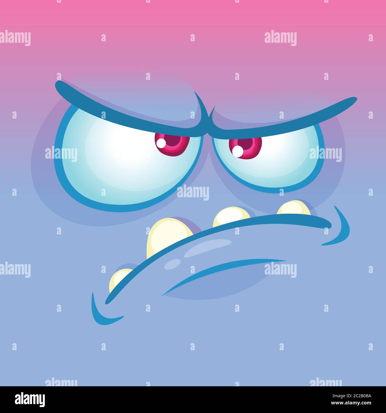 Cartoon angry monster face. Vector Halloween blue monster emotion ...