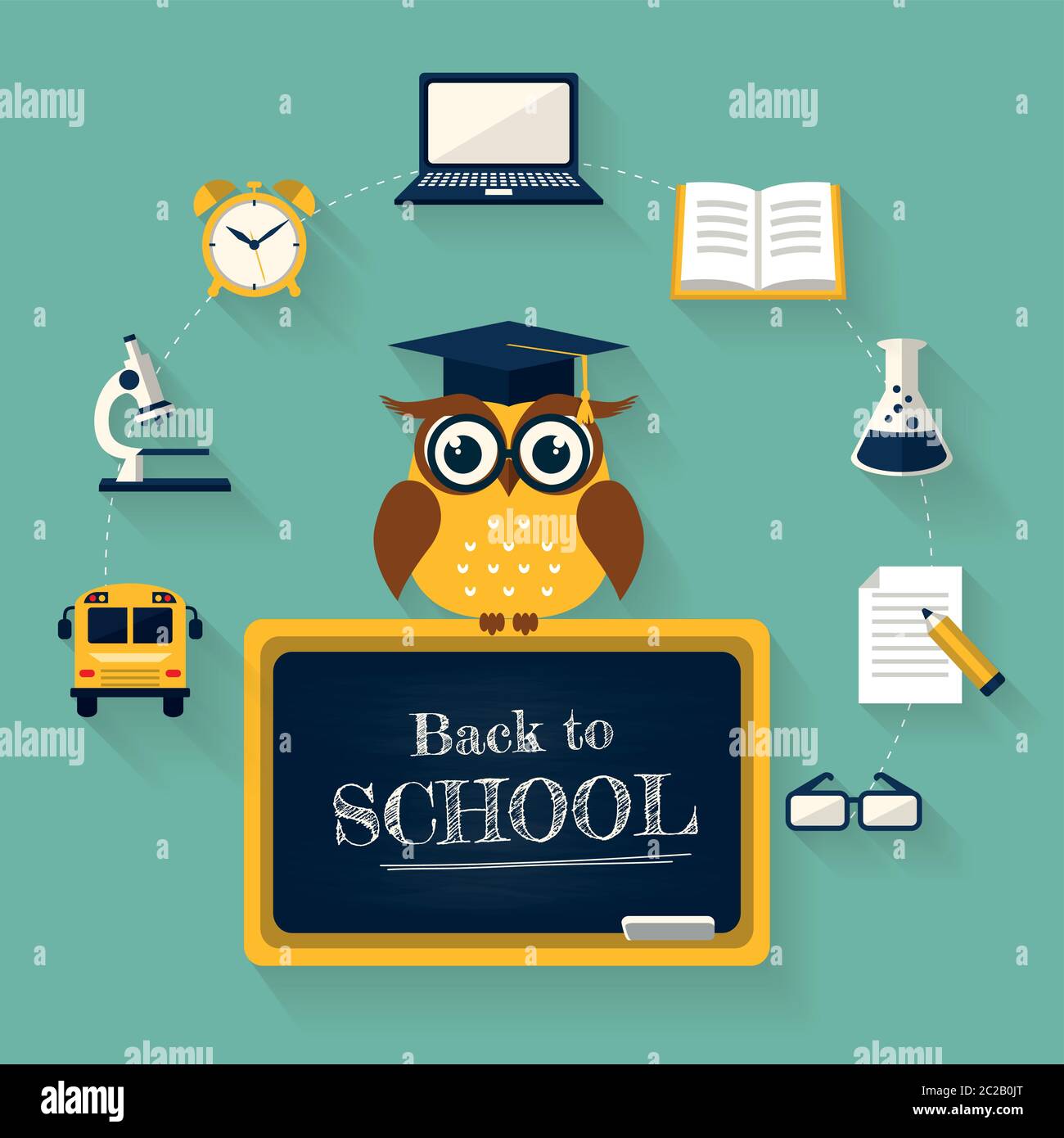 Back to school. Vector concept with owl and education icons. Flat ...