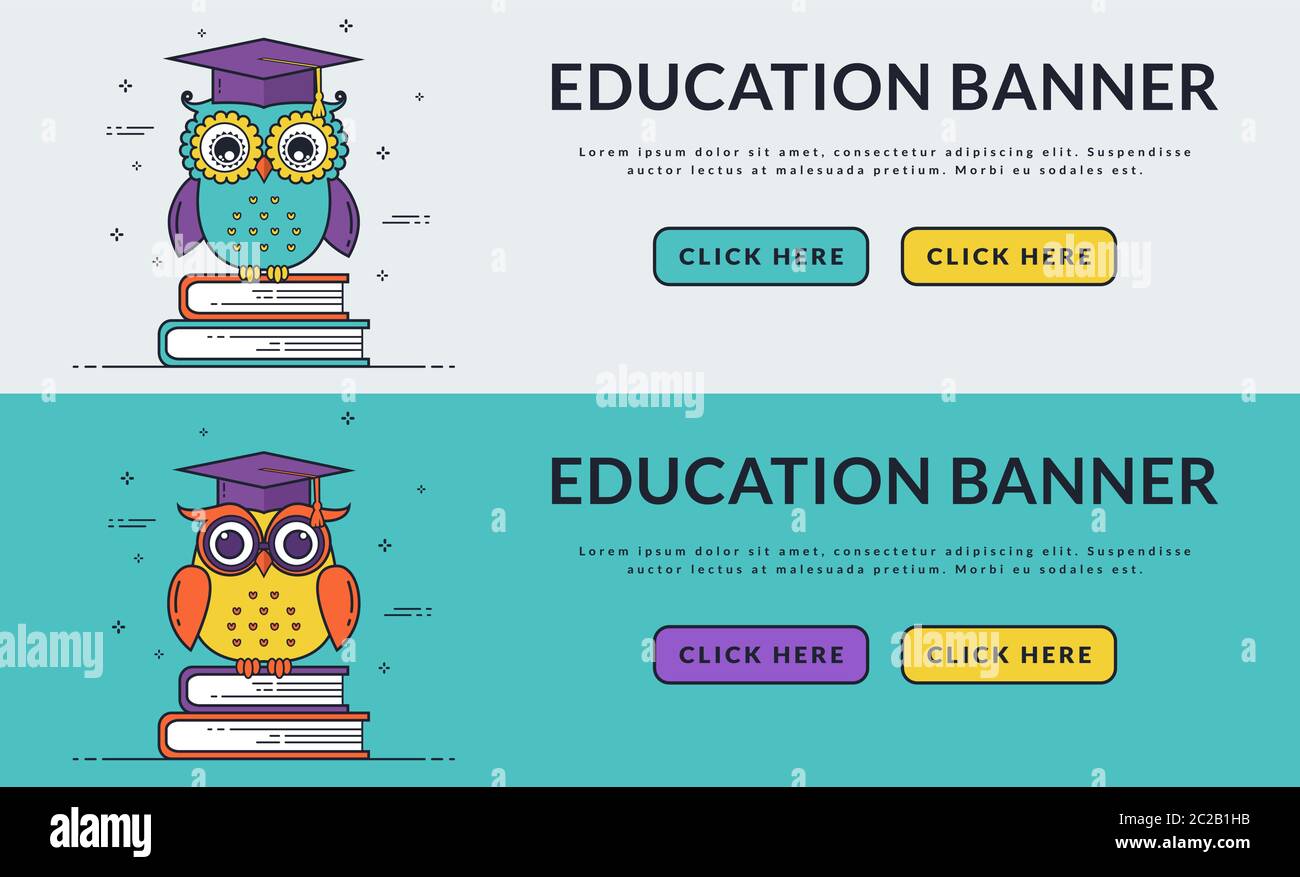 Education web banners with smart owls sitting on books. Back to school ...