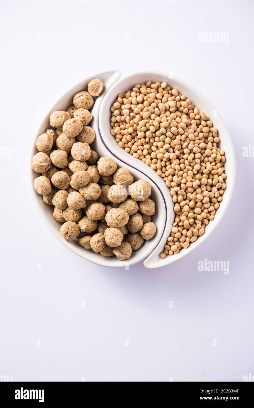 Raw Soya Chunks, Soy Meat for vegans isolated on colourful background ...