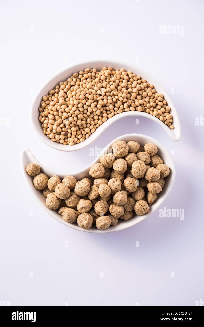 Raw Soya Chunks, Soy Meat for vegans isolated on colourful background ...
