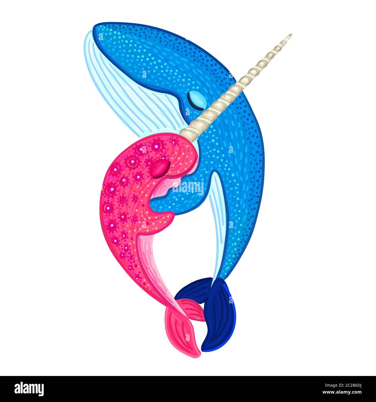 Vector narwhal and blue whale are hugging and dancing. Cute cartoon ...