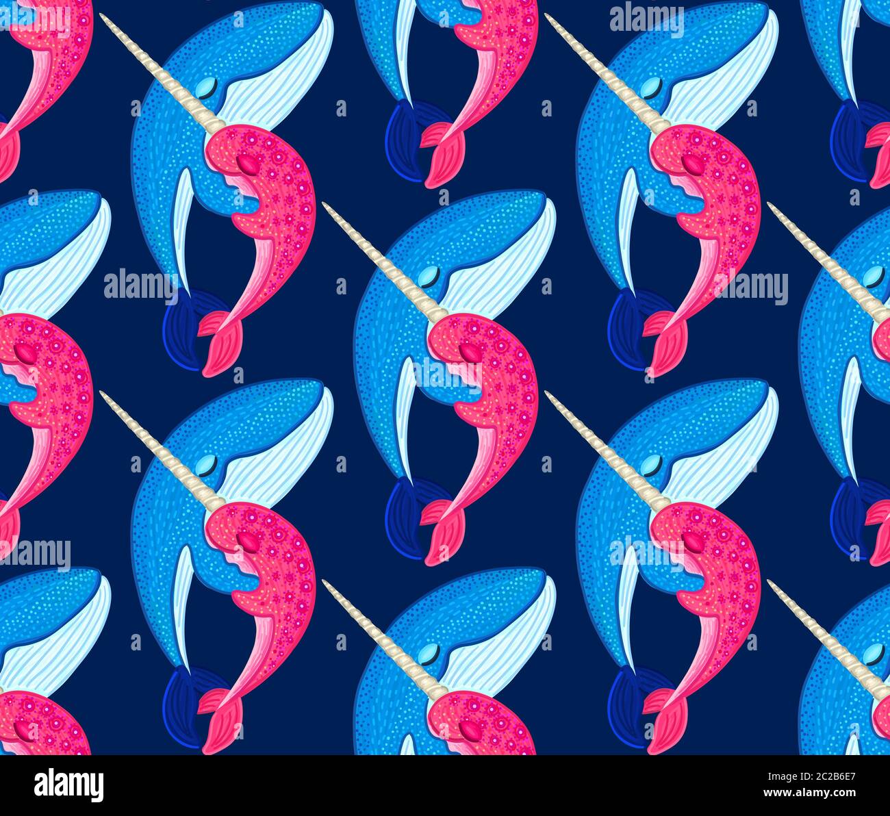 Vector narwhal and blue whale are hugging and dancing. Cute cartoon ...