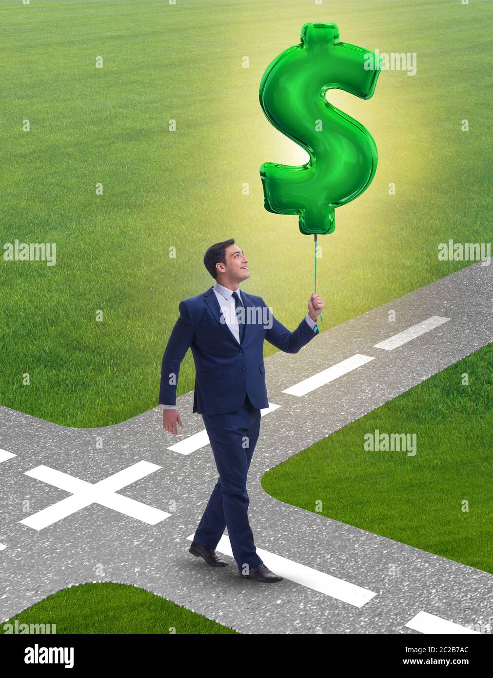 Businessman walking with inflatable dollar sign Stock Photo - Alamy
