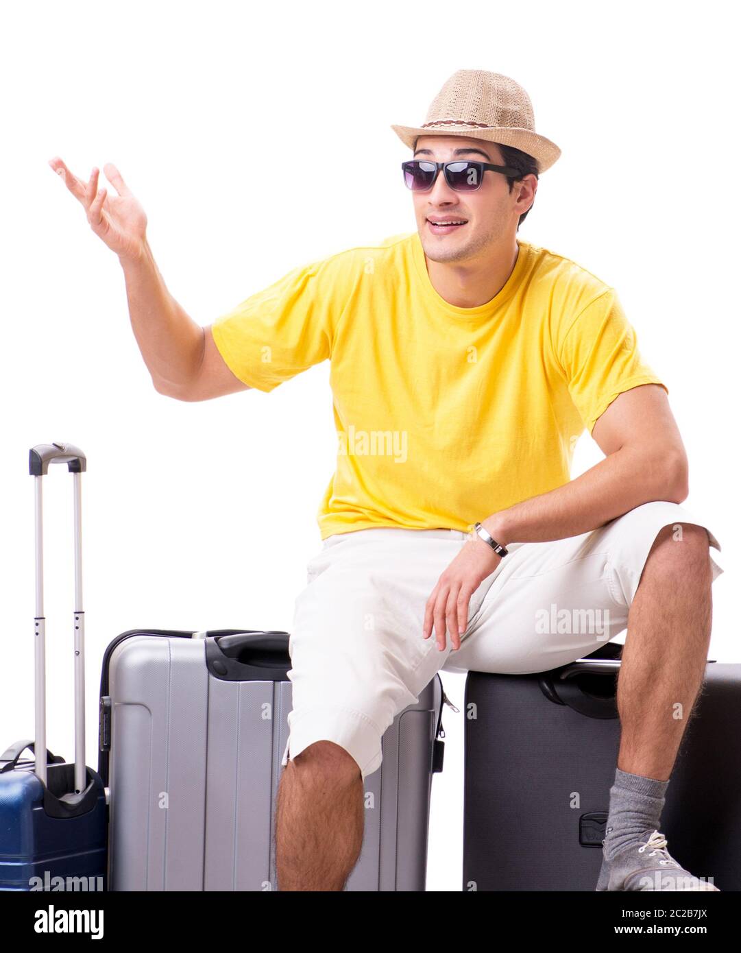 Happy young man going on summer vacation isolated on white Stock Photo ...
