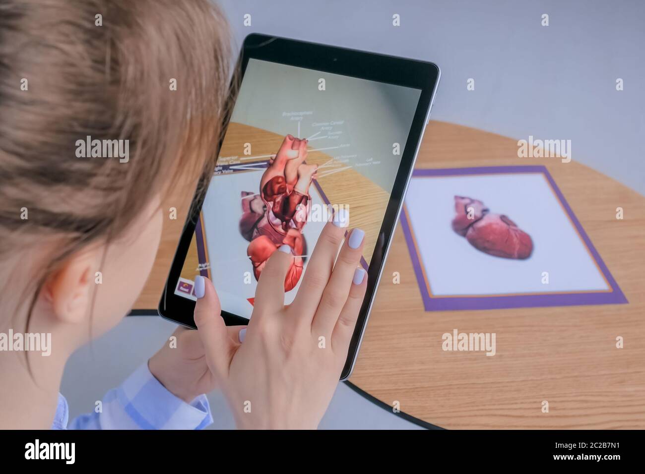 MOSCOW, RUSSIA - AUGUST 1, 2019. Woman using tablet with augmented ...