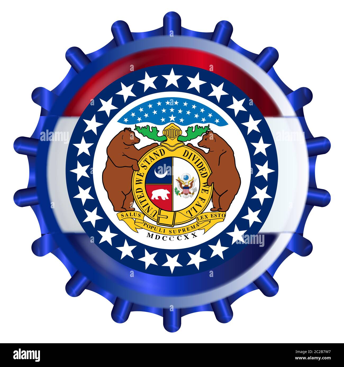 A typical metal glass bottle cap in Missouri state flag colors isolated ...