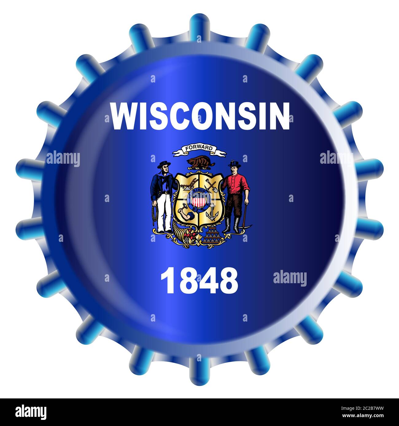 A typical metal glass bottle cap in Wisconsin state flag colors ...
