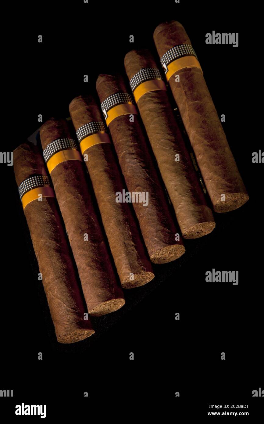 rolled cigars from a tobacco leaf on a black background, Small depth of ...