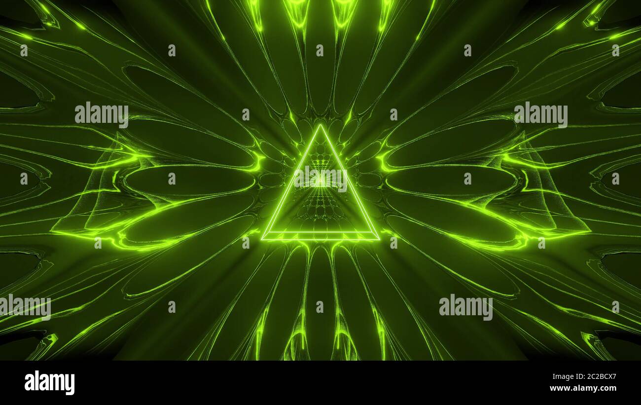 green glowing fantasy triangle wireframe design with reflective ...
