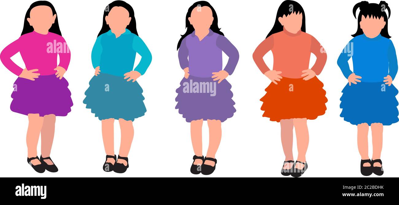 white background, flat style, baby girl stands, set, collection Stock ...