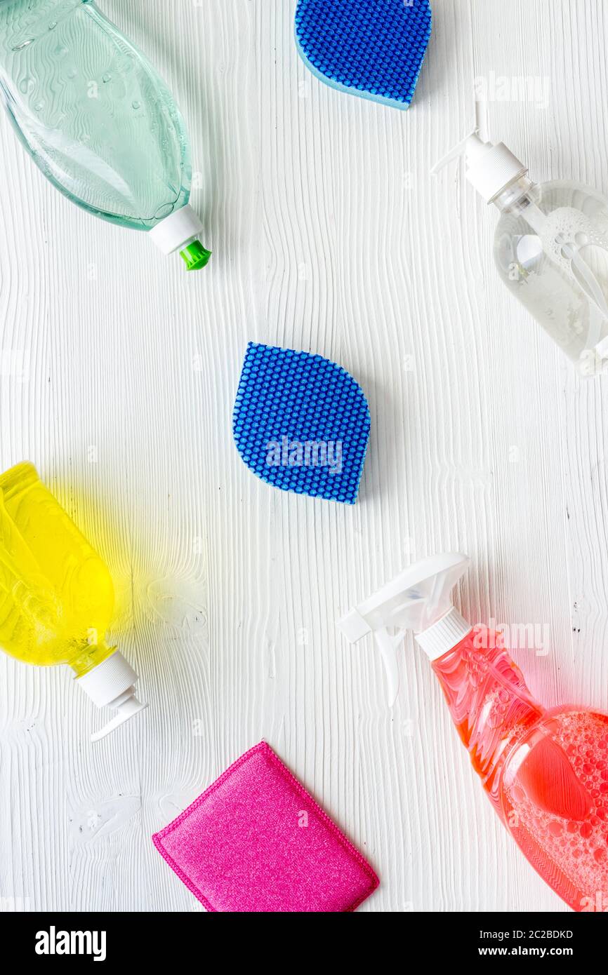 Cleaning products, sponges for housework top view pattern Stock Photo ...