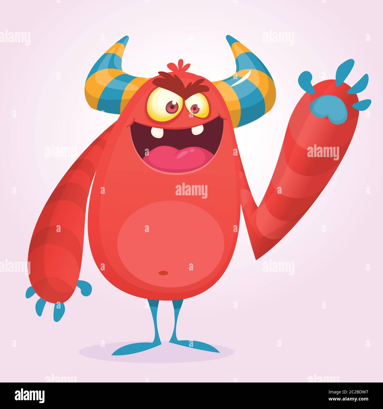 Happy cool cartoon fat monster. Red and horned vector monster character ...