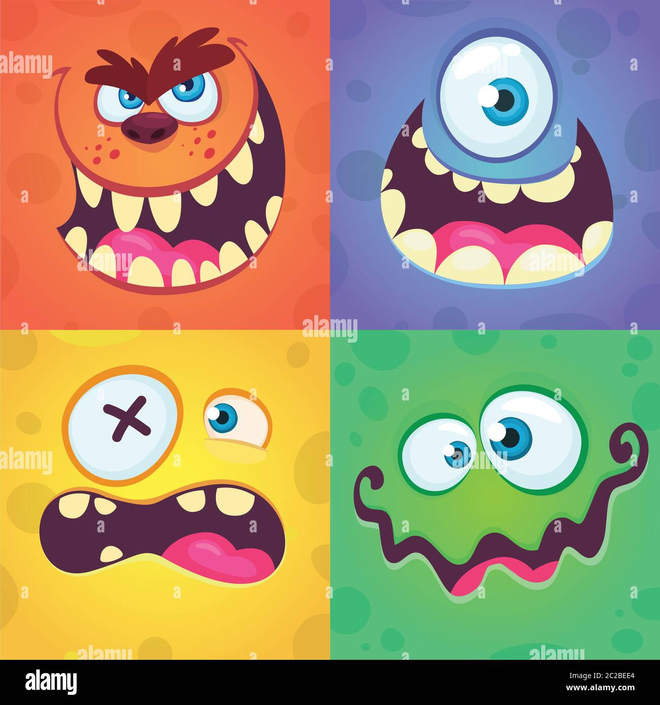 Cartoon monster faces set. Vector collection of four Halloween monster ...