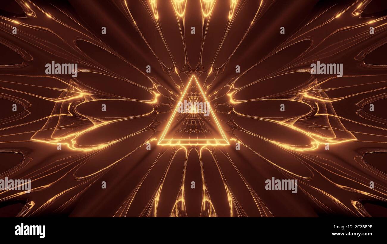 golden glowing fantasy triangle wireframe design with reflective ...