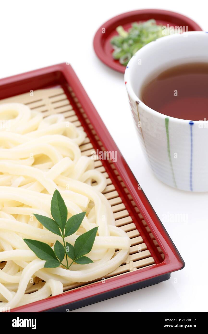 Japanese Zaru udon noodles in a plate with soy sauce on white ...