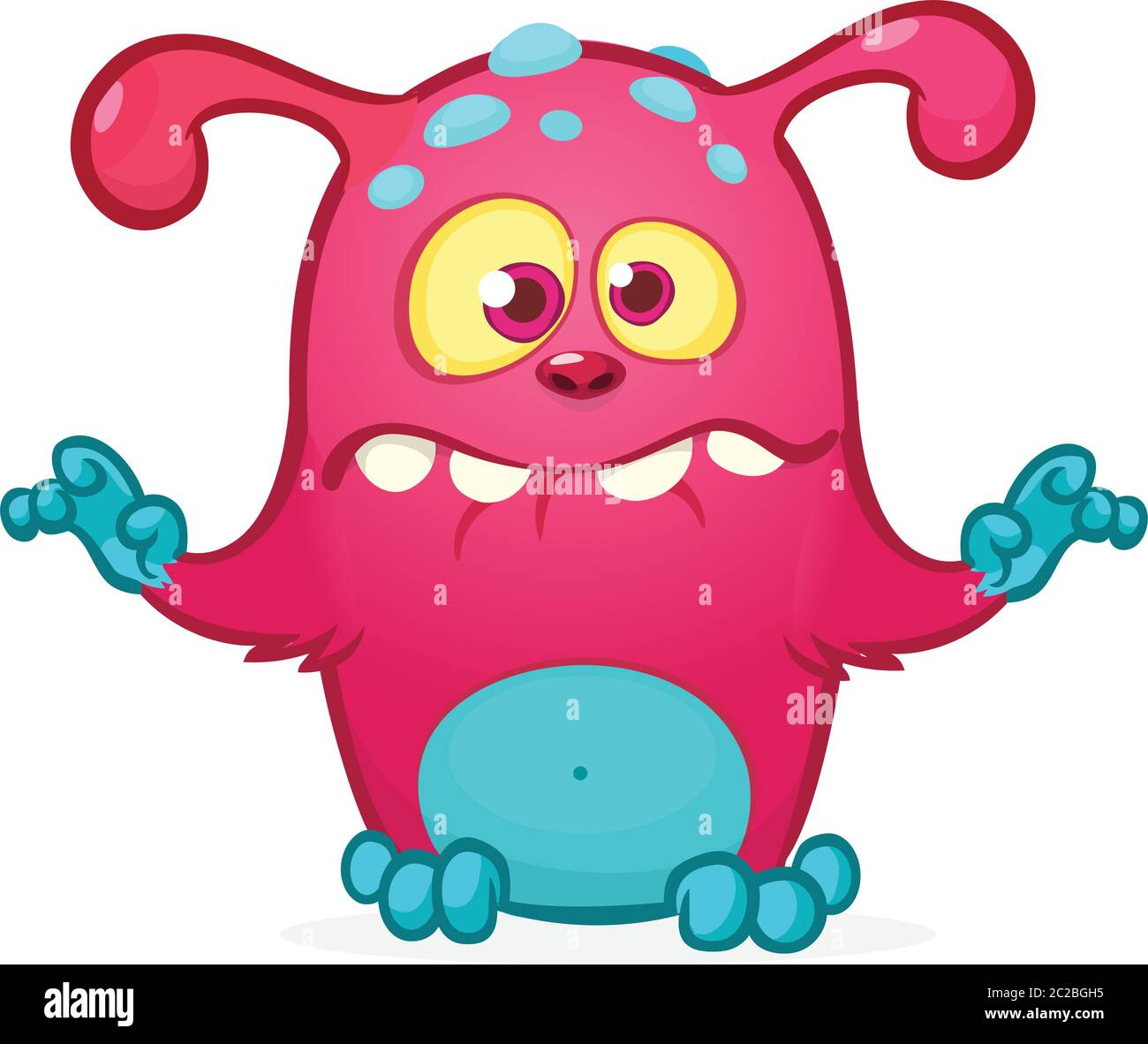 Happy cool cartoon fat monster. Pink and horned vector monster mascot ...