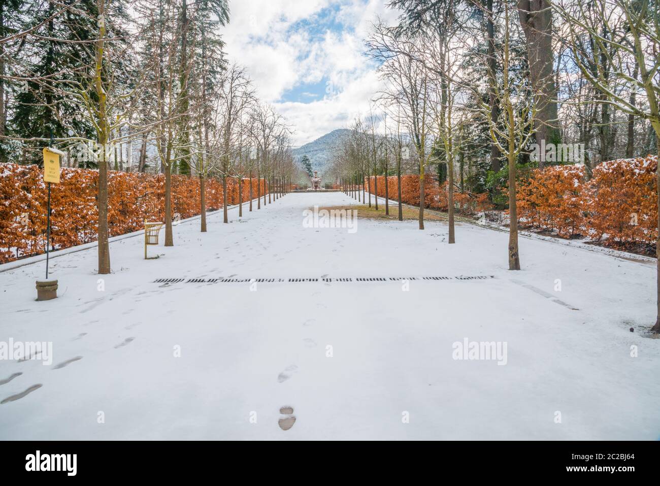 Snow covered gardens. La Granja de San Ildefonso, Segovia province ...