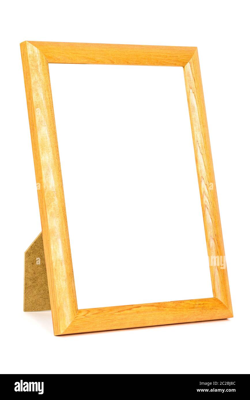 Standing wooden picture frame isolated on white background with ...