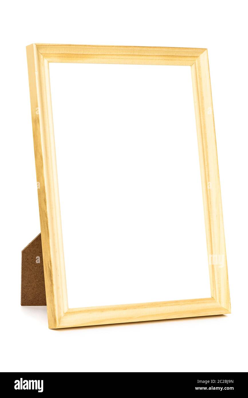 Standing wooden picture frame isolated on white background with ...