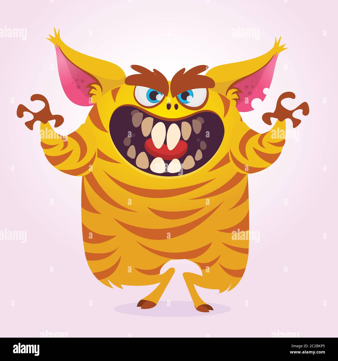 Cute cartoon monster. Vector furry striped orange monster character ...