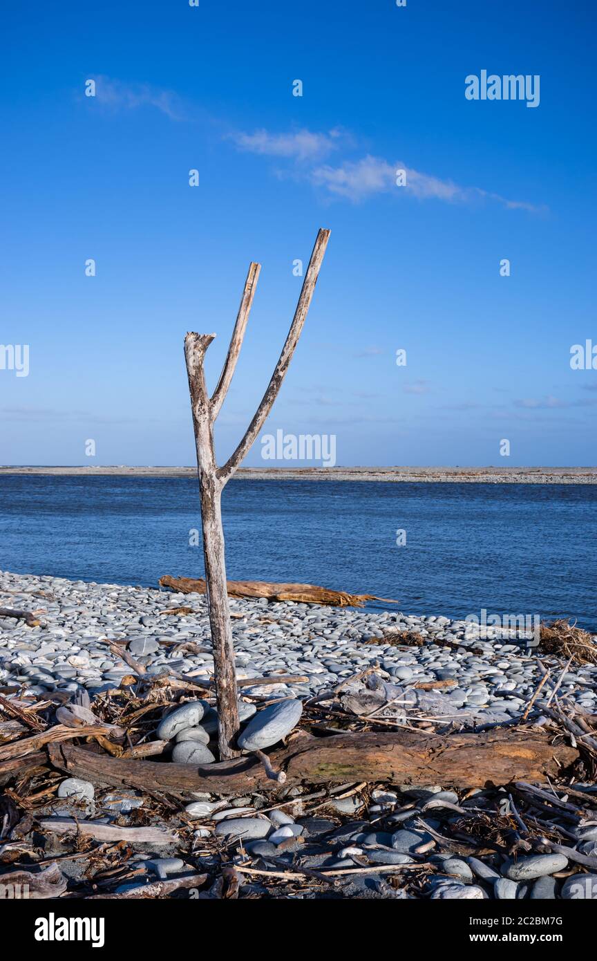 Beach art at Okarito beach on the west coast of New Zealand's south ...