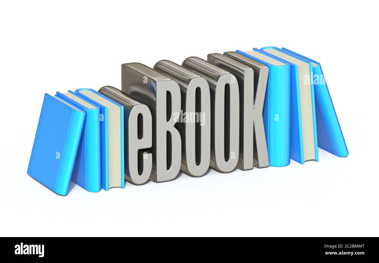 eBOOK text with blue books 3D render illustration isolated on white ...