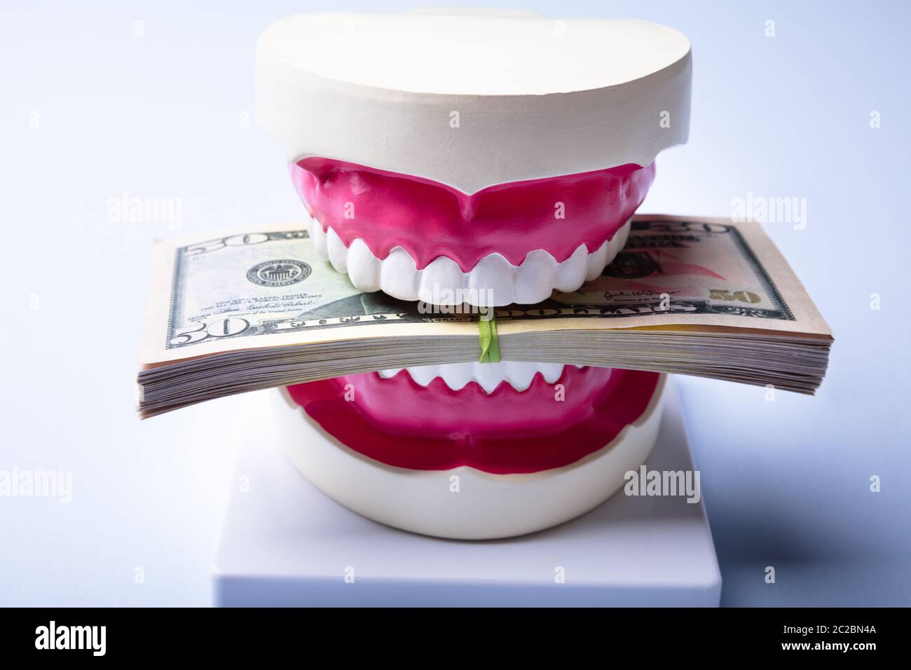 Close-up Of A Tooth Model With Dollar Notes Over White Background Stock ...
