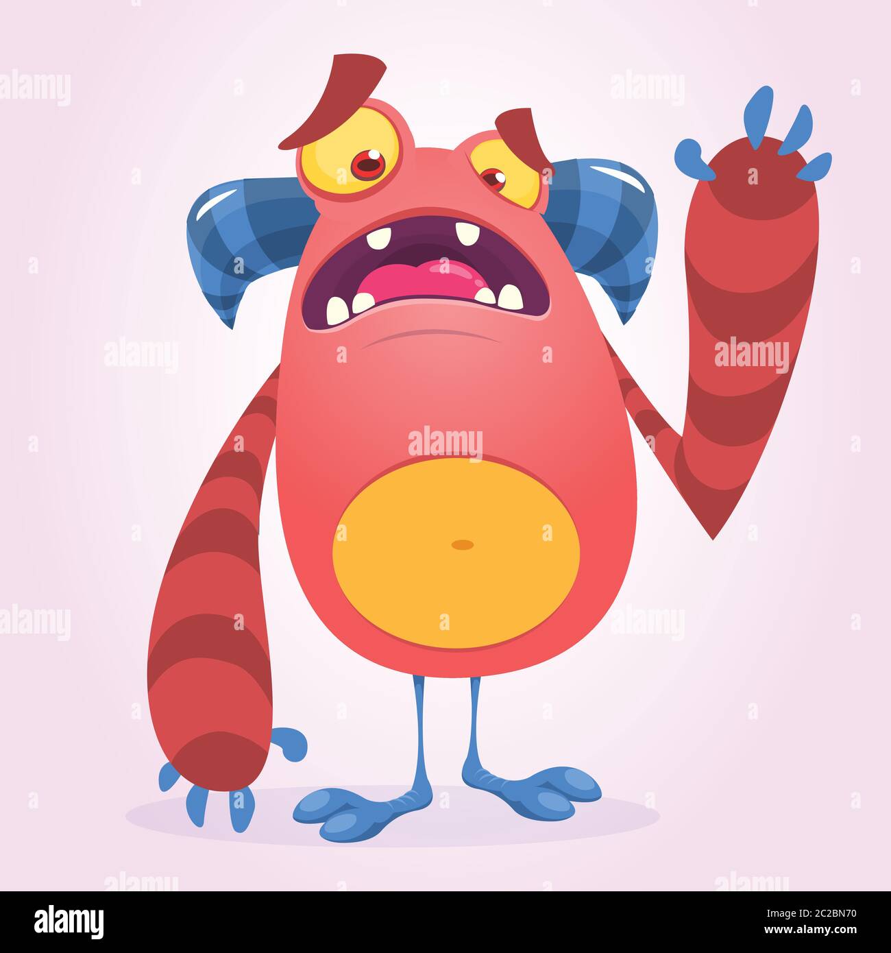 Happy cool cartoon fat monster. Red and horned vector monster character ...