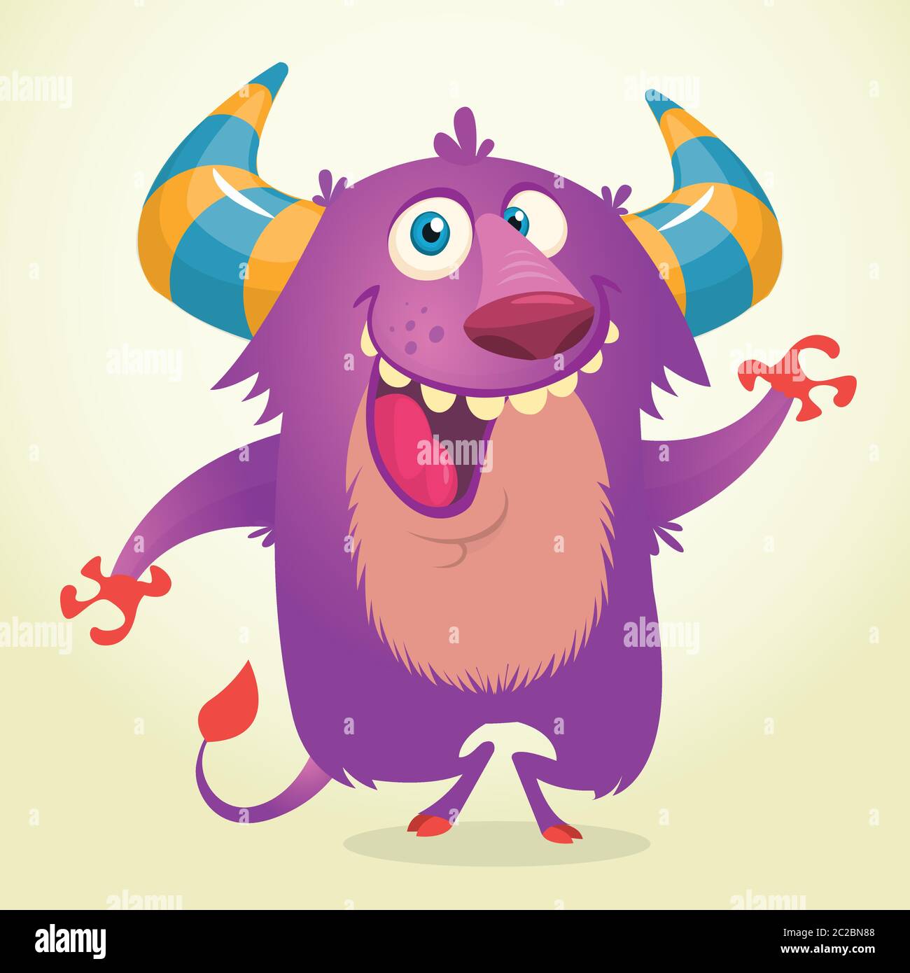 Cute Cartoon Violet Horned And Fluffy Troll Or Gremlin Smiling
