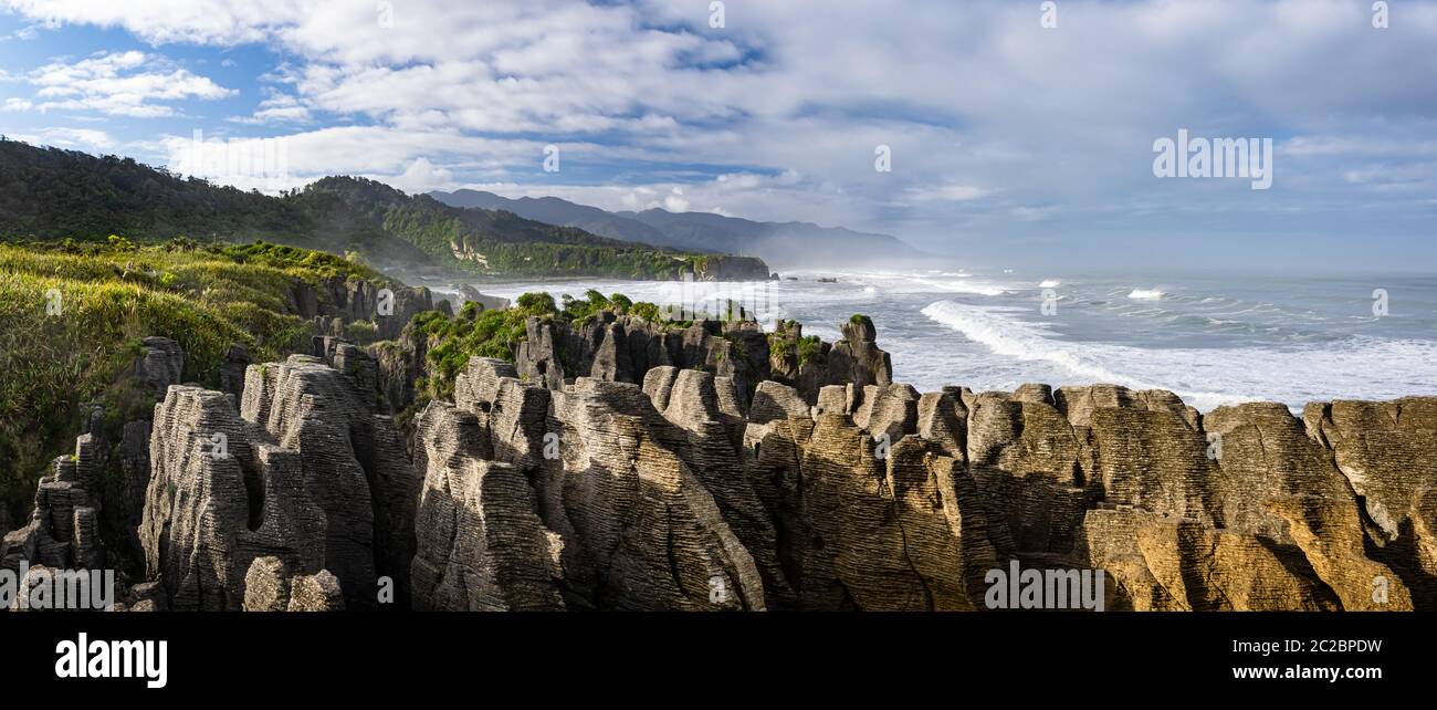 A panoramic view of the famous 'pancake rocks' at Punakaiki on the west ...