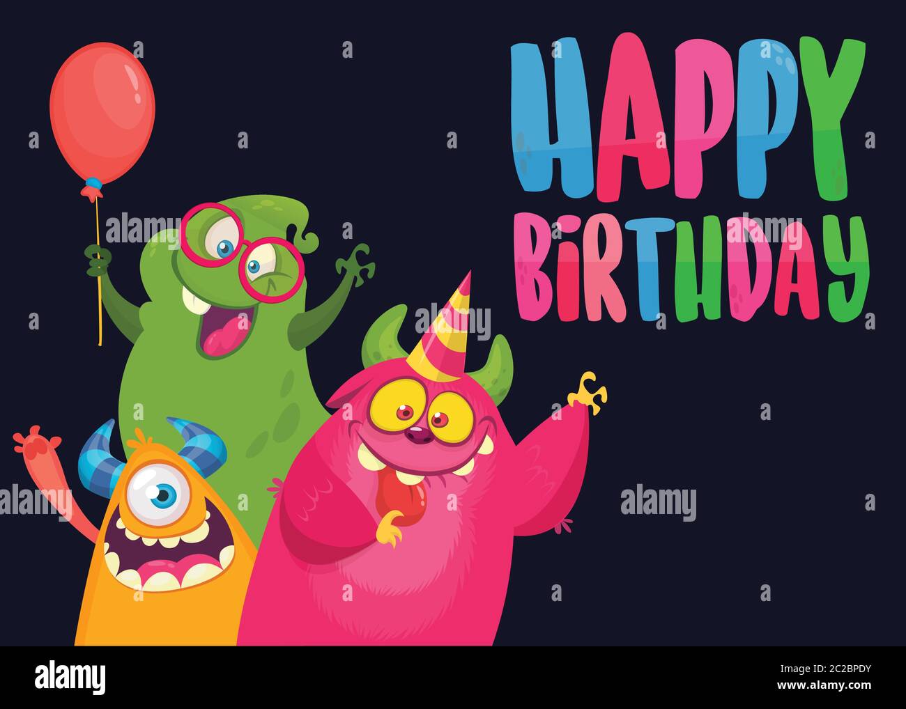 Cartoon monsters birthday illustration. Vector design for birthday ...