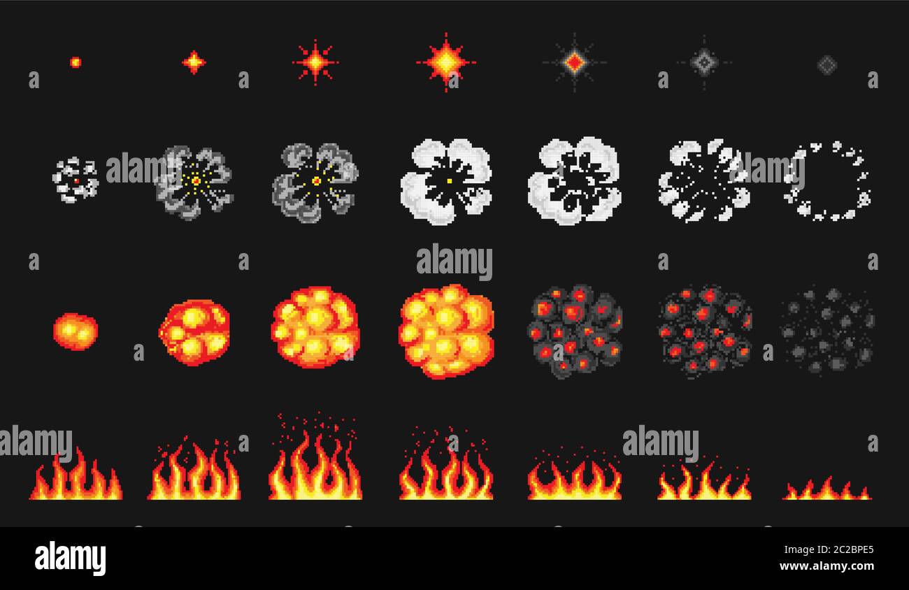 Pixel art 8 bit fire objects. Nuclear explosion. Game icons set. Comic ...