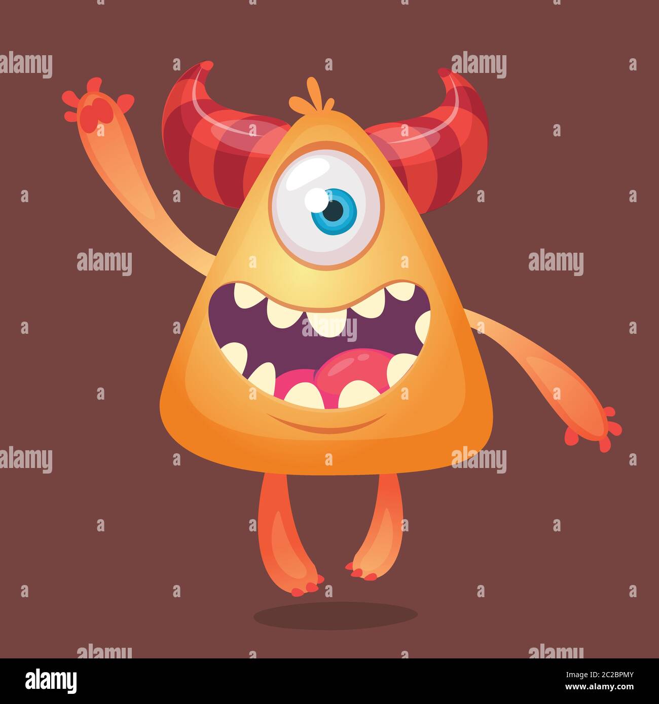 Cartoon monster. Orange horned monster with one eye smiling for ...