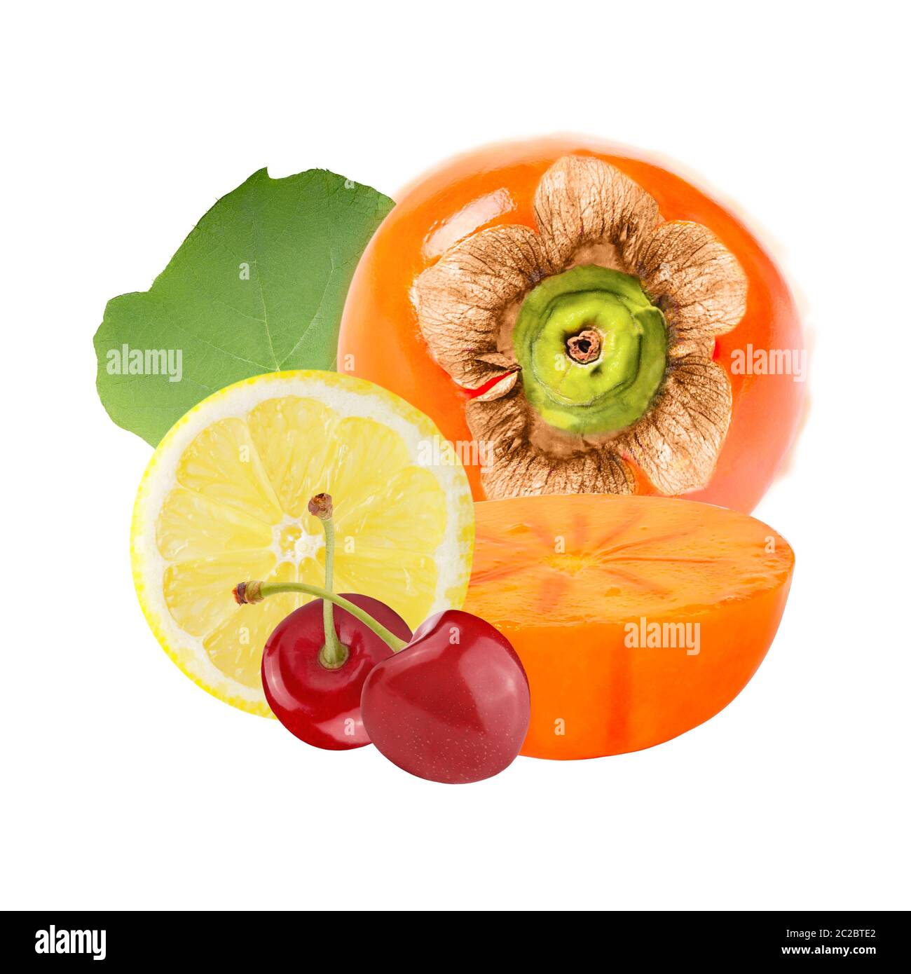 Isolated fruits. Persimmon with lemon and cherries isolated on white ...