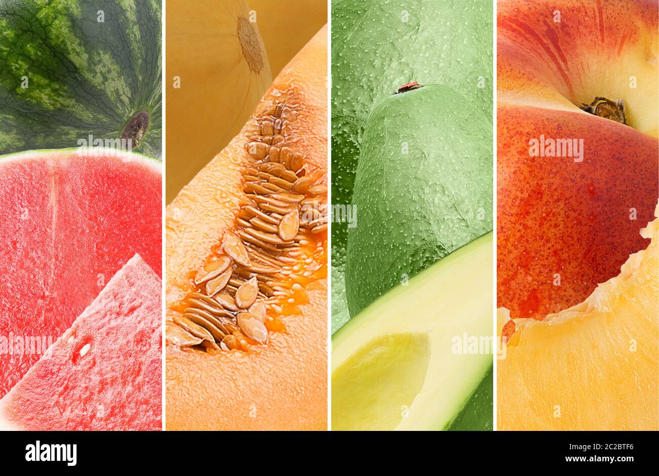 Collage from photos of fresh avocado, peach, melon and watermelon. From ...