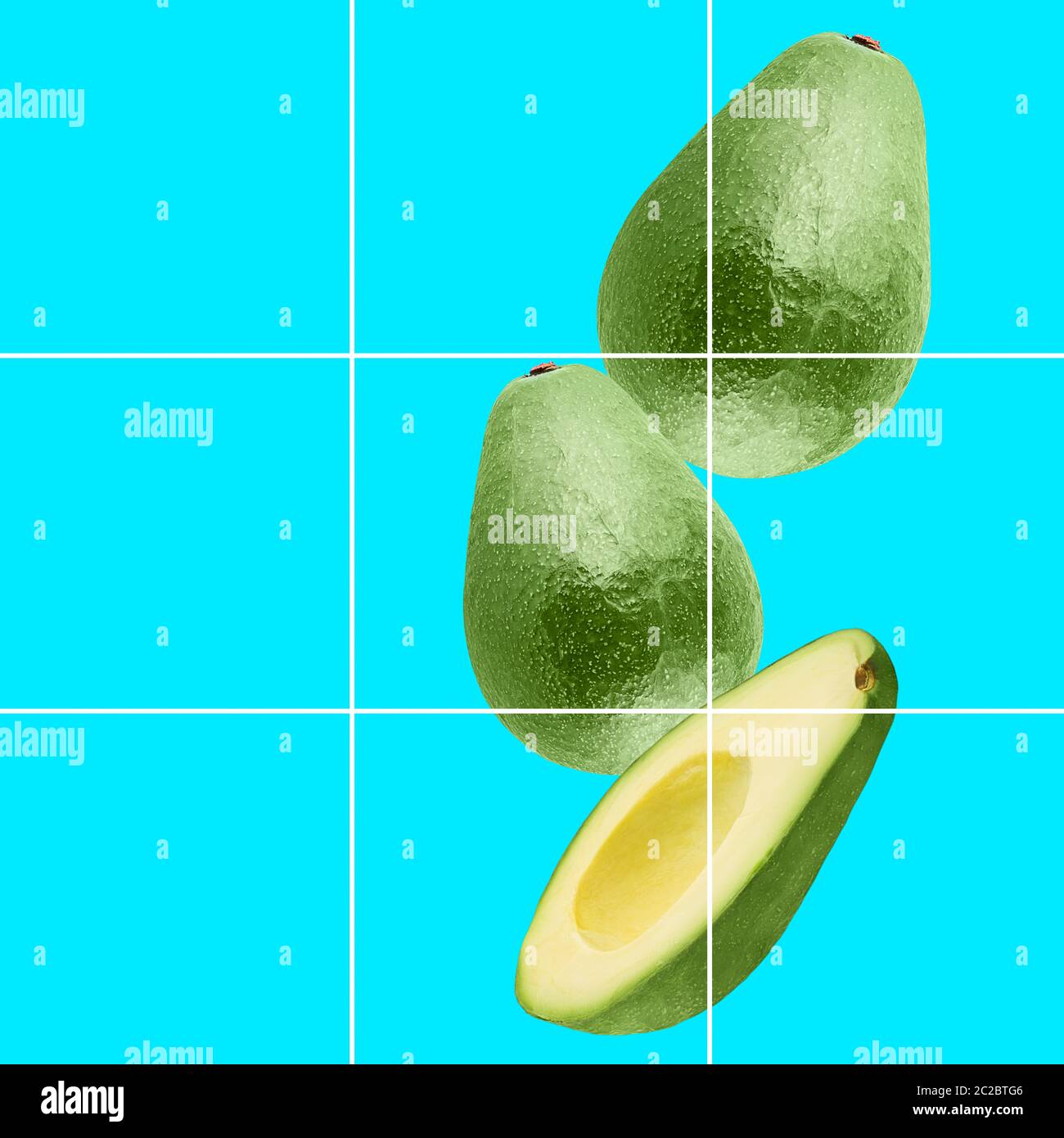 Collage of green organic avocado on light blue background with copy ...