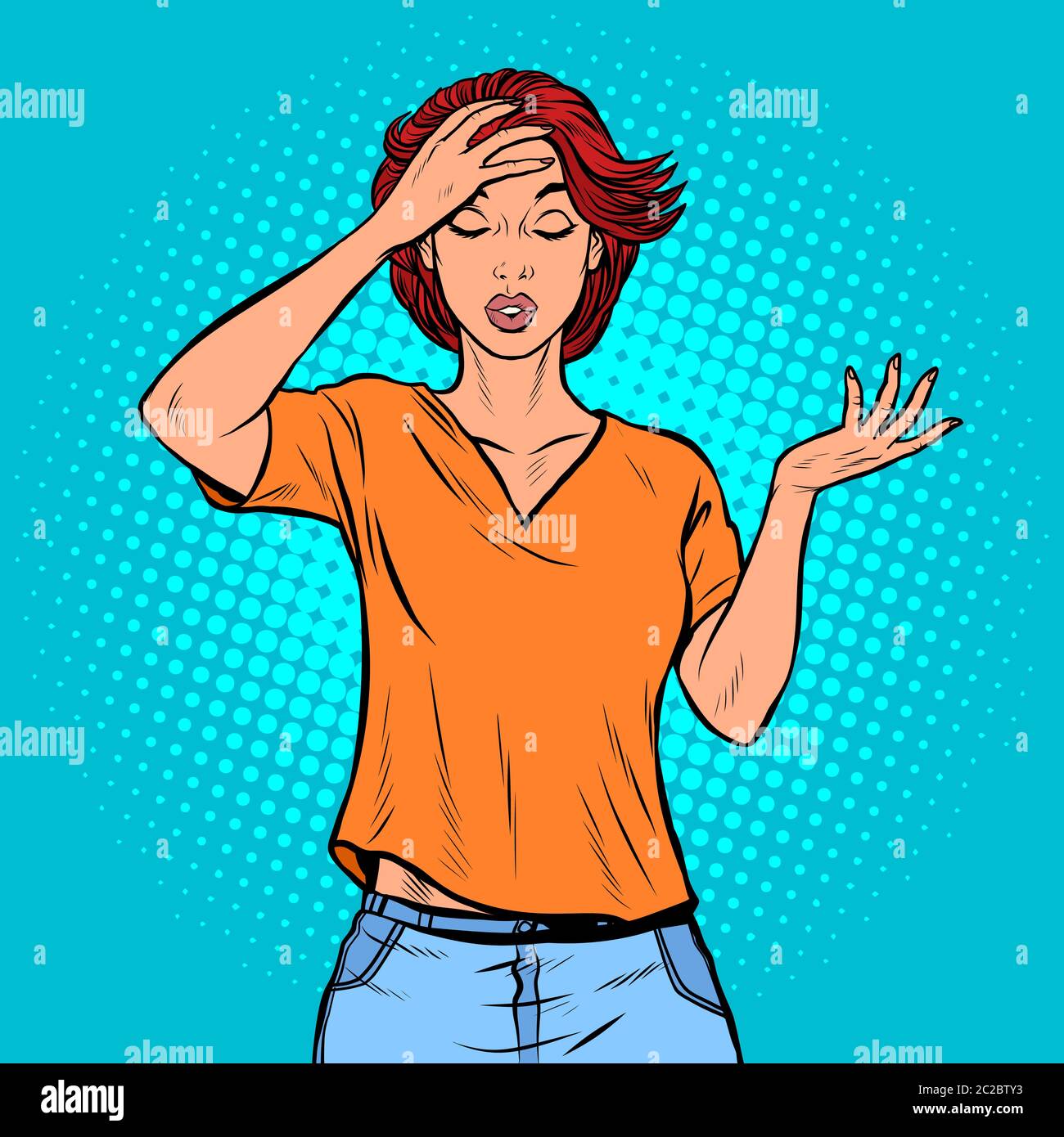 A young woman holds his hand to his head. Headache. Pop art retro ...