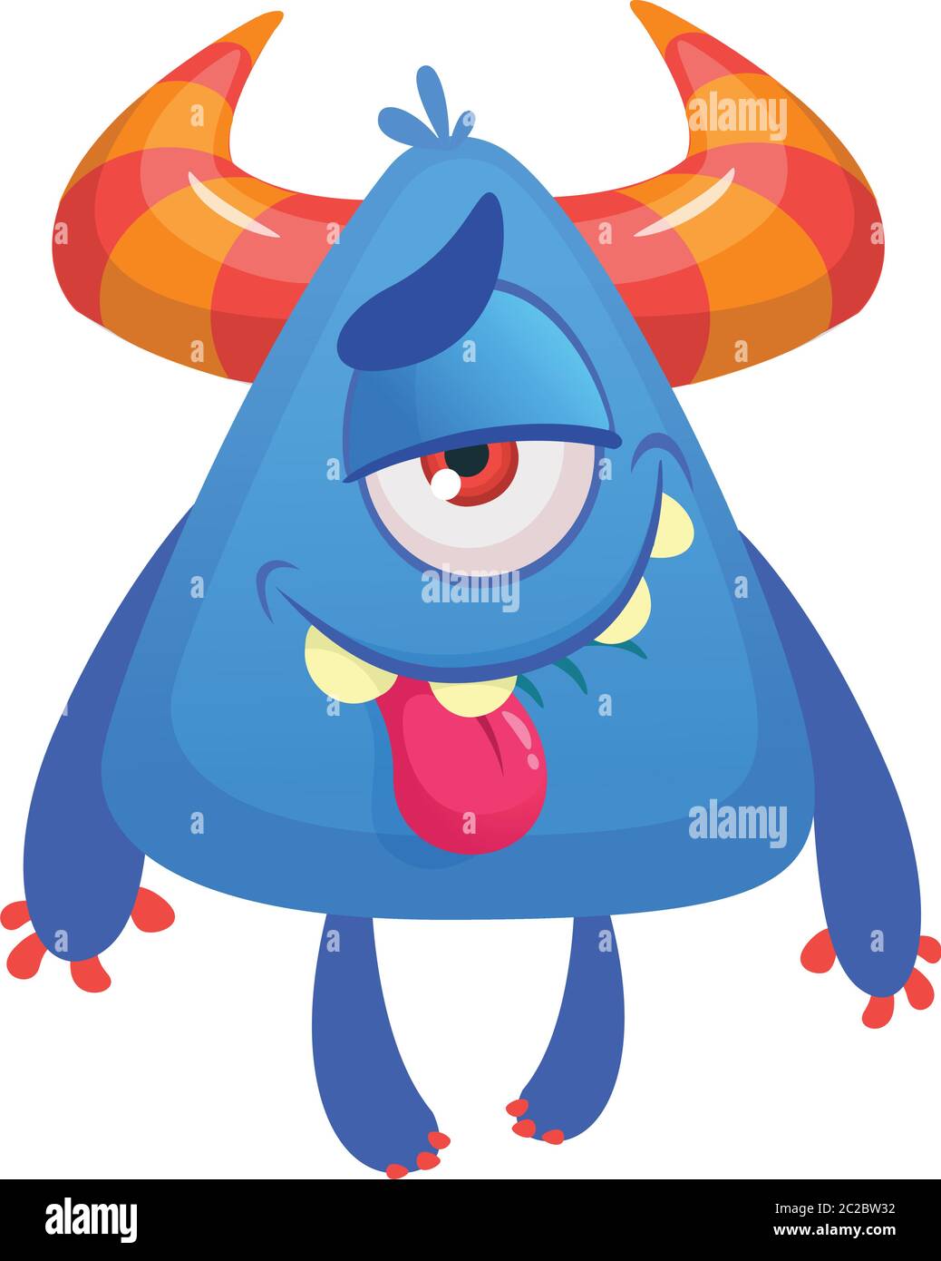 Cartoon cool blue monster. Vector illustration of horned monster with ...