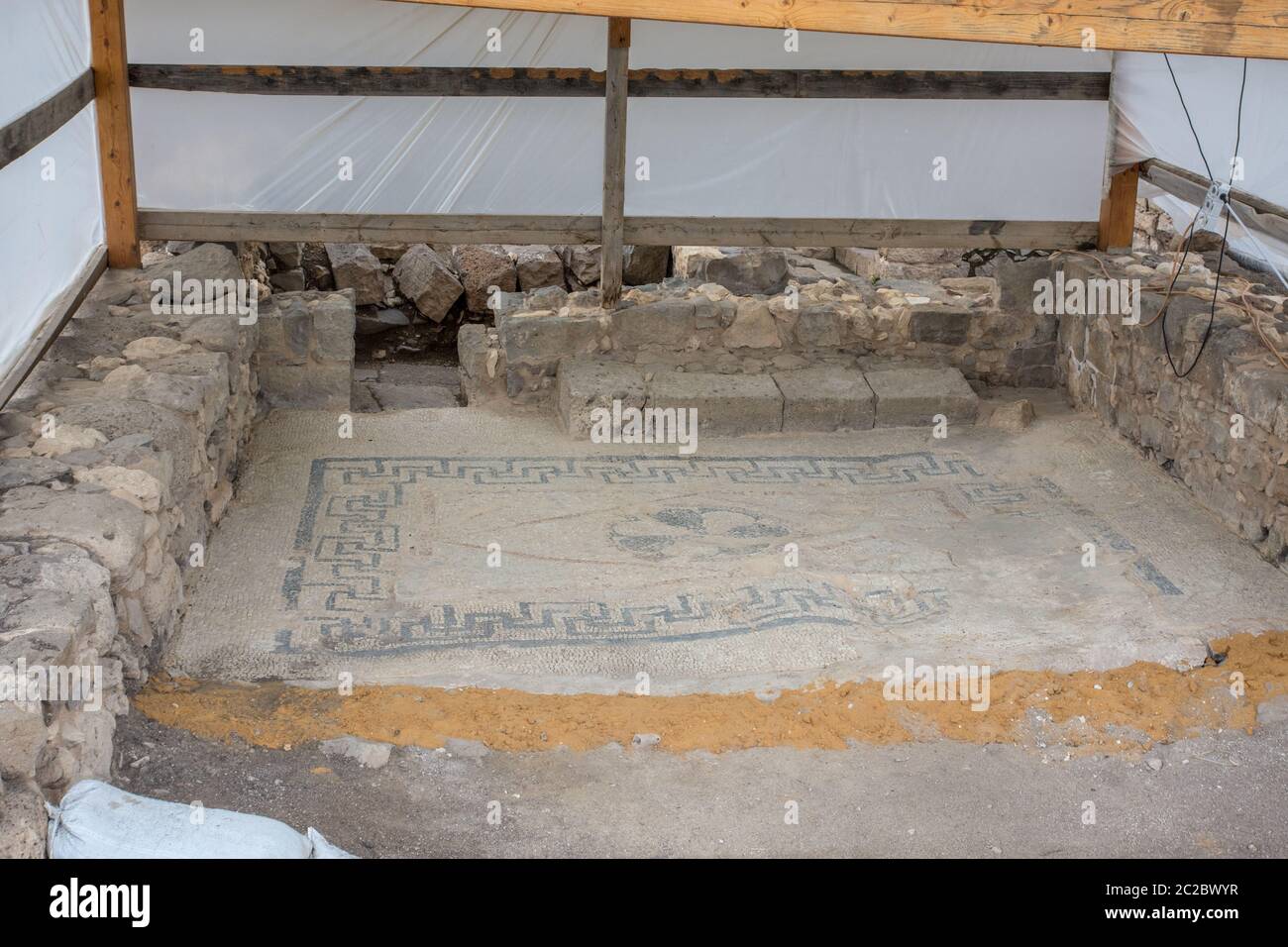 Mosaic floor in the ancient synagogue at the ruins of the ancient ...