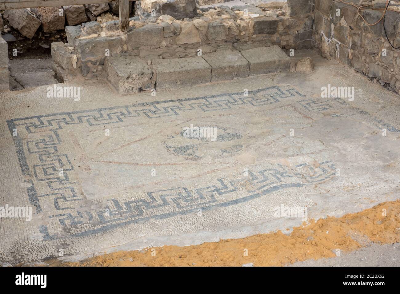 Mosaic floor in the ancient synagogue at the ruins of the ancient ...
