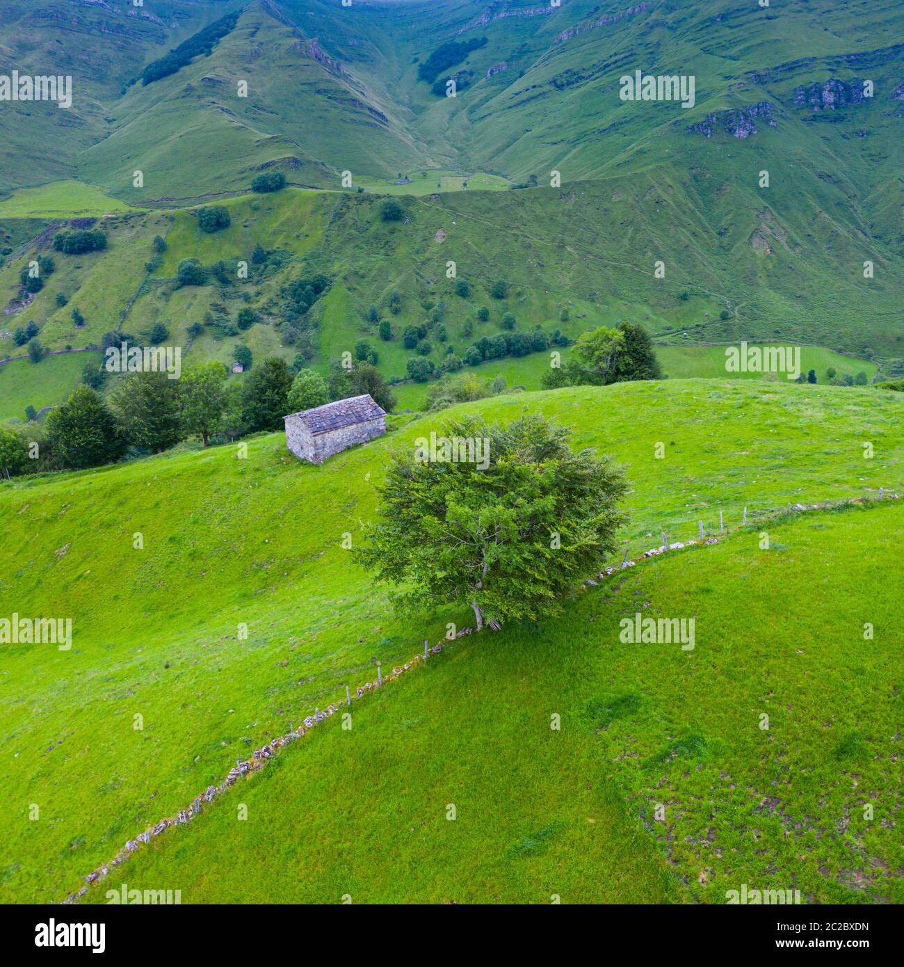 Aerial view with a drone of the spring landscape of pasiegas cabins and ...