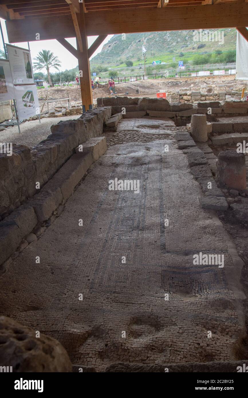 Mosaic floor in the ancient synagogue at the ruins of the ancient ...