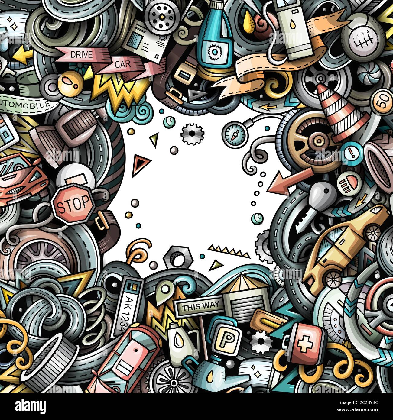 Cartoon cute doodles Vehicle frame. Border with cars symbols and items ...