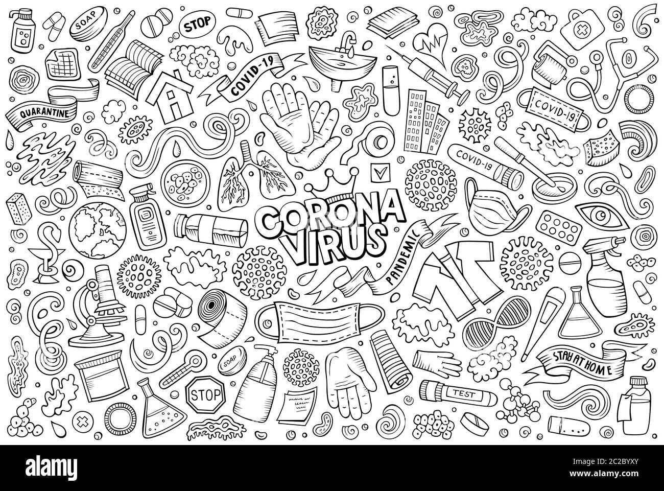 Doodle cartoon set of Coronavirus theme objects Stock Vector Image ...