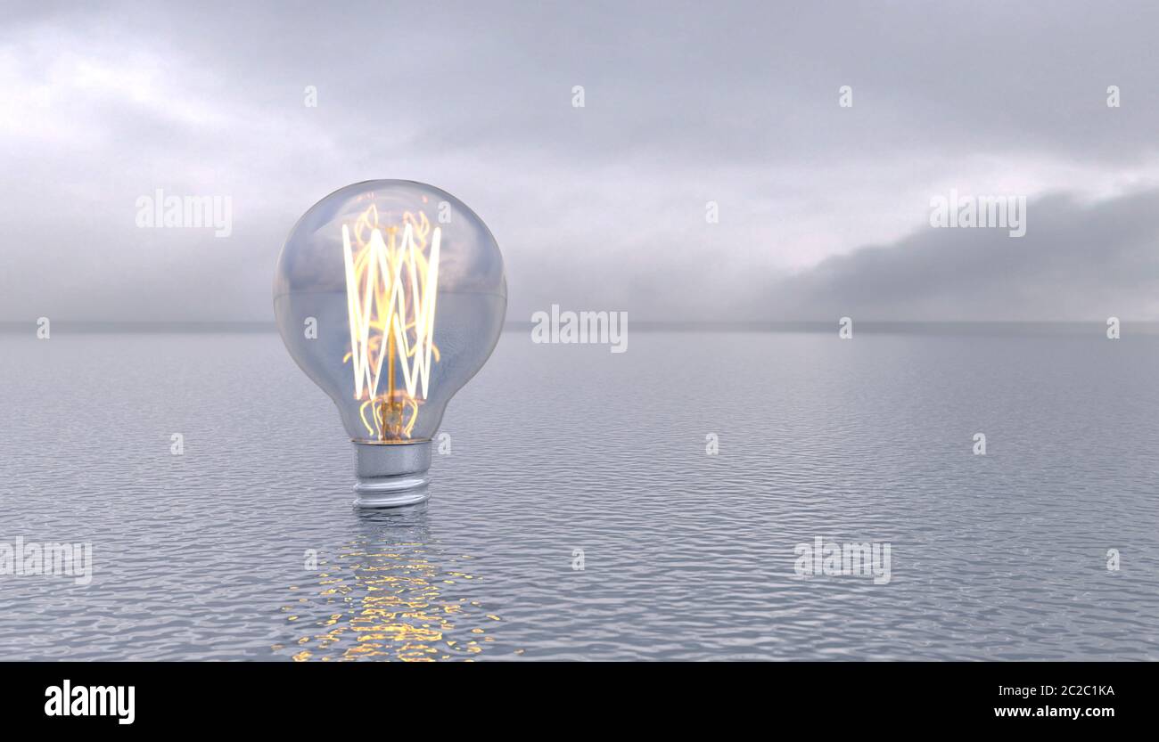Glowing light bulb on the surface of a calm sea or ocean. Alternative ...
