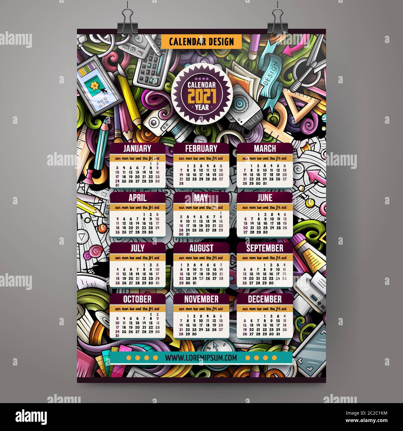 Cartoon doodles Design and Art 2021 year calendar template Stock Vector ...