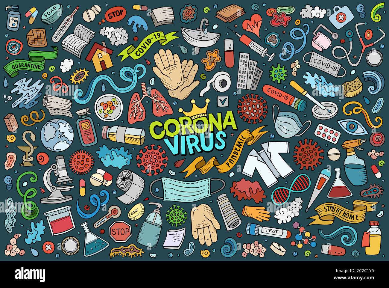 Doodle cartoon set of Coronavirus theme objects Stock Vector Image ...