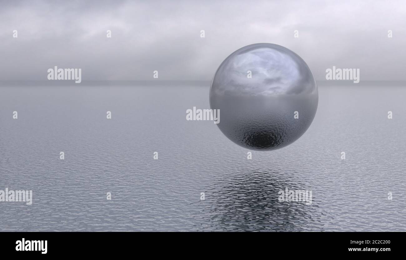 A metallic shiny sphere hung above the surface of the water ...